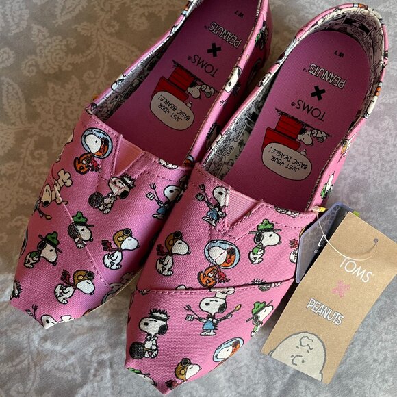 Toms | Shoes | Toms Peanuts Pink Snoopy Print Slip Ons Size 7 | Poshmark